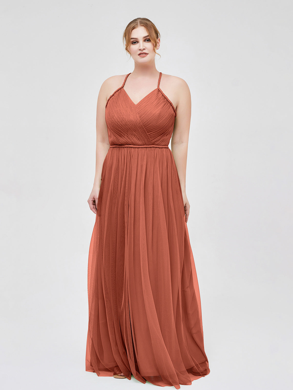 Twist Straps Tulle Maxi Dress with V Neckline Rust Plus Size – BABARONI