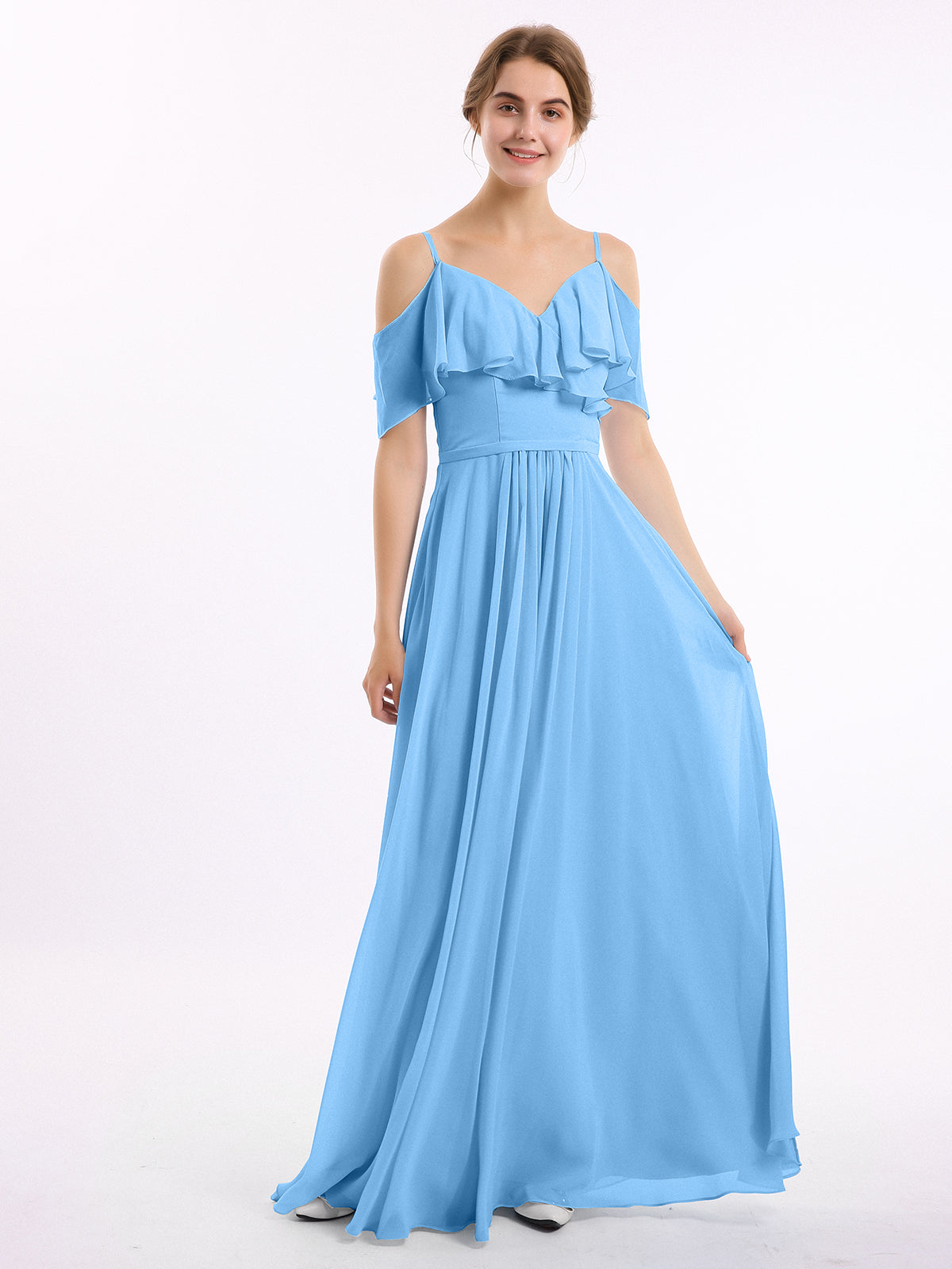 BABARONI Chiffon Blue Bridesmaid Dresses Off-the-shoulder Floor-length ...