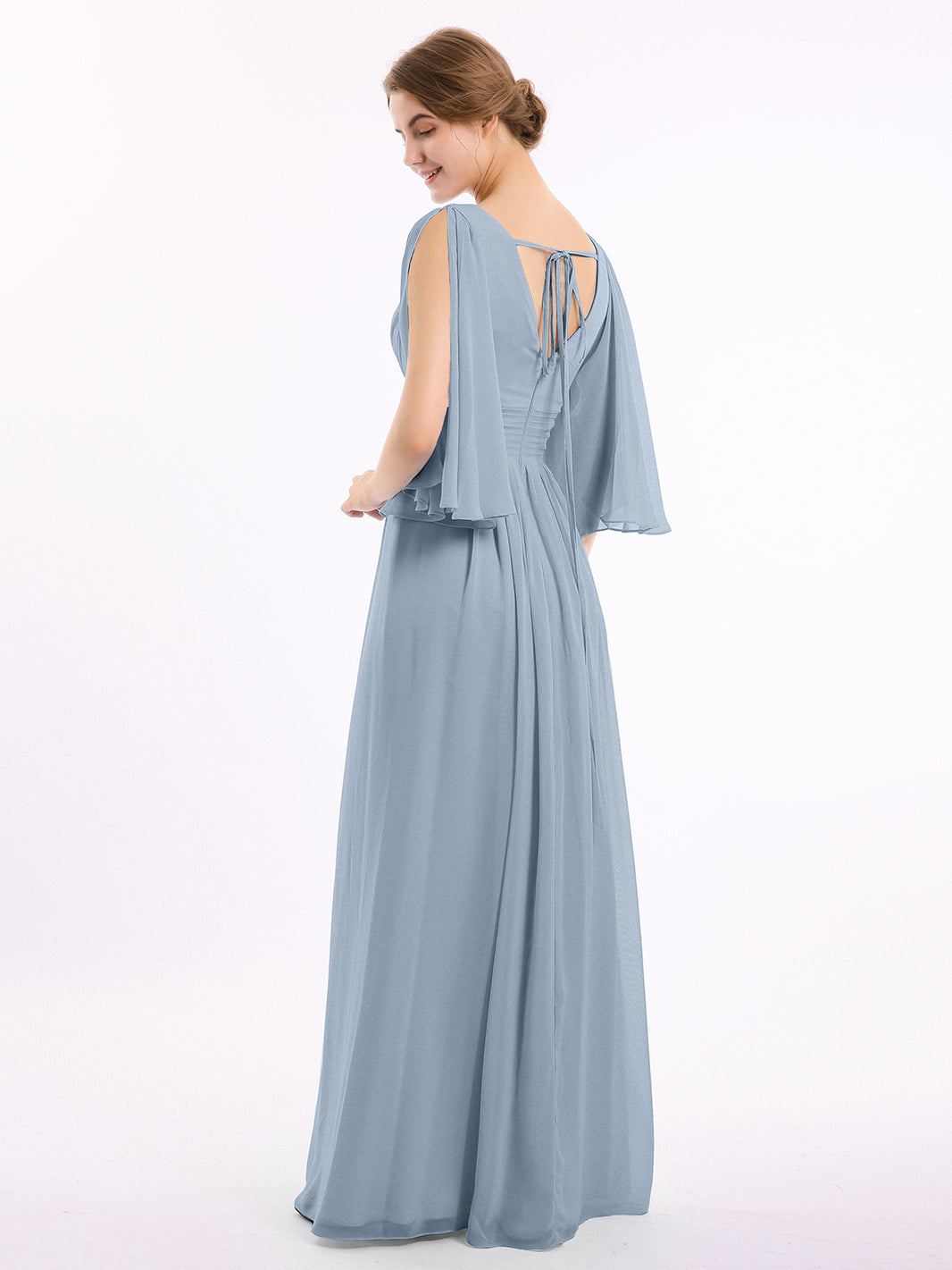 Deep V-neck Chiffon Dresses with Slit Dusty Blue – BABARONI