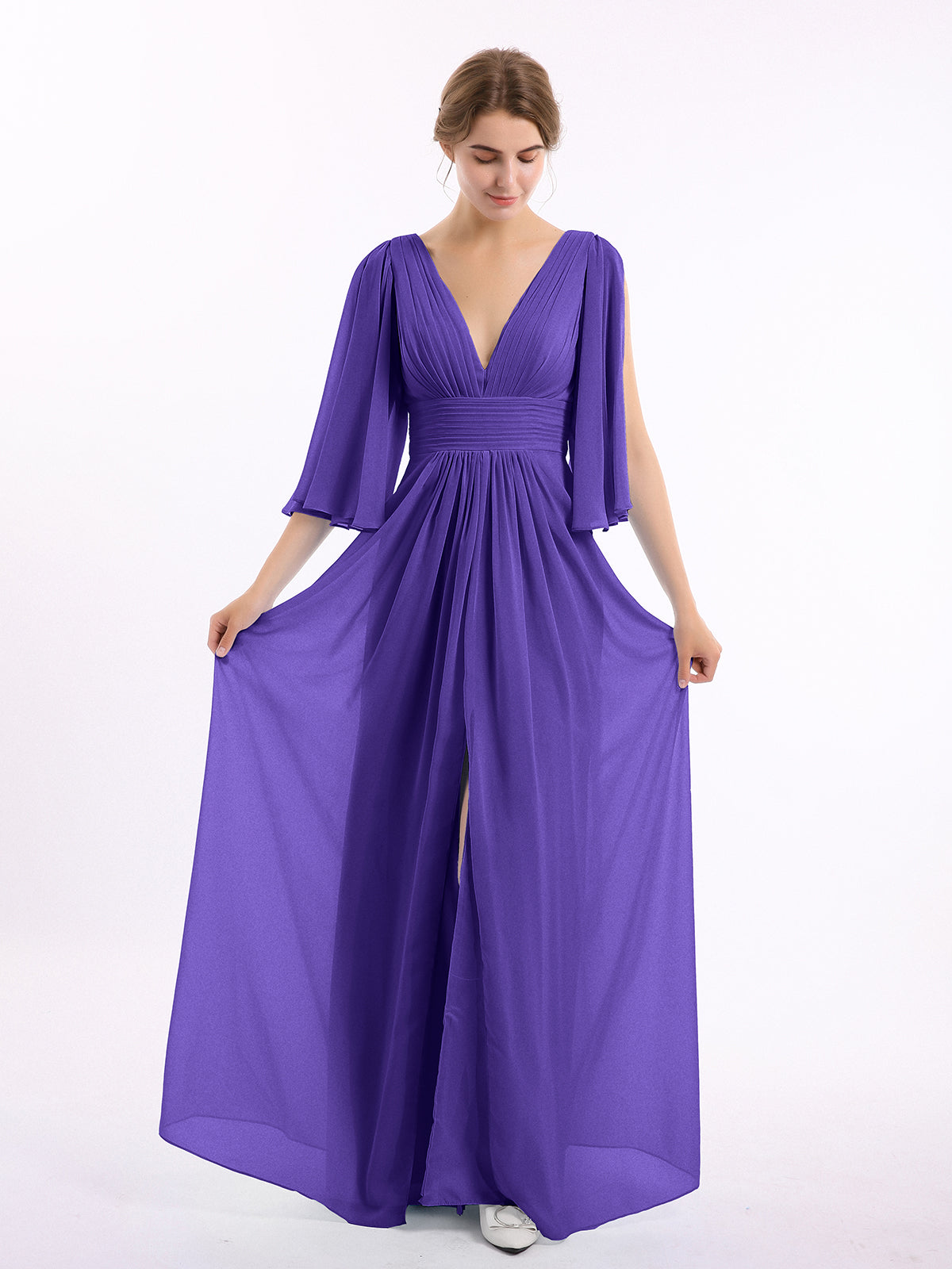 BABARONI Chiffon Regency Bridesmaid Dresses Plunging V-Neck Floor ...