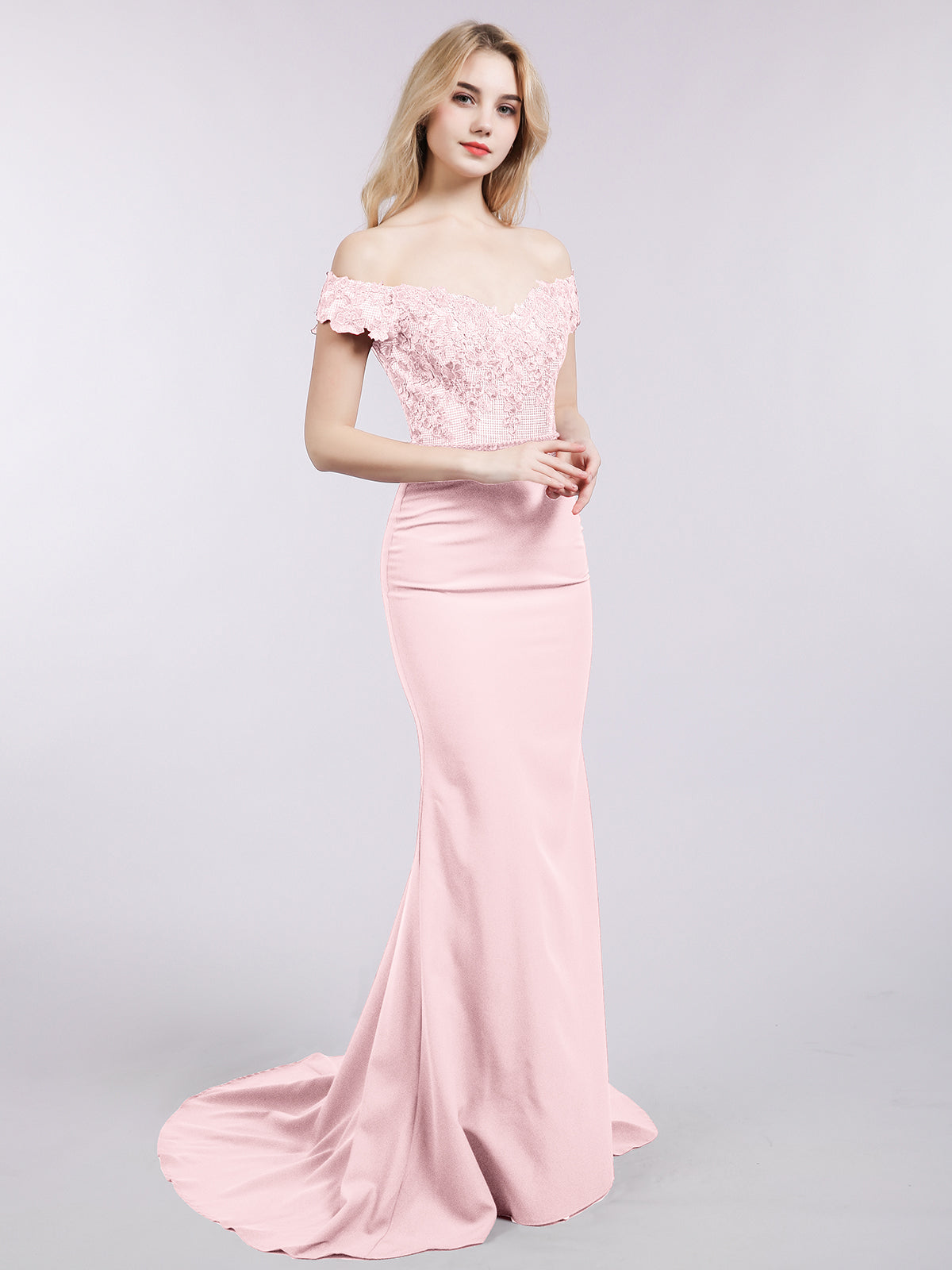 Off Shoulder Mermaid Gown with Train-Blushing Pink – BABARONI