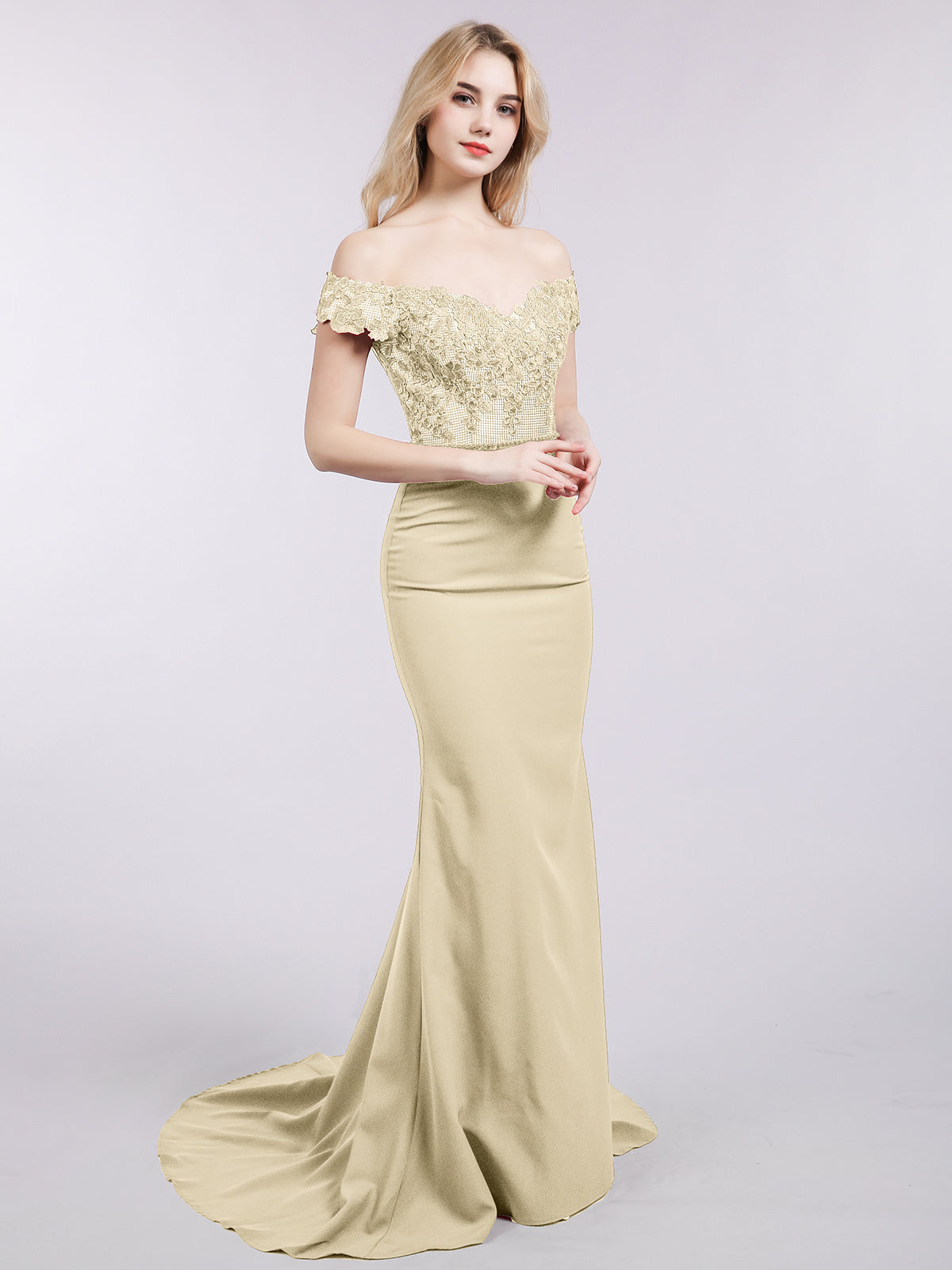 Off Shoulder Mermaid Gown with Train-Champagne – BABARONI
