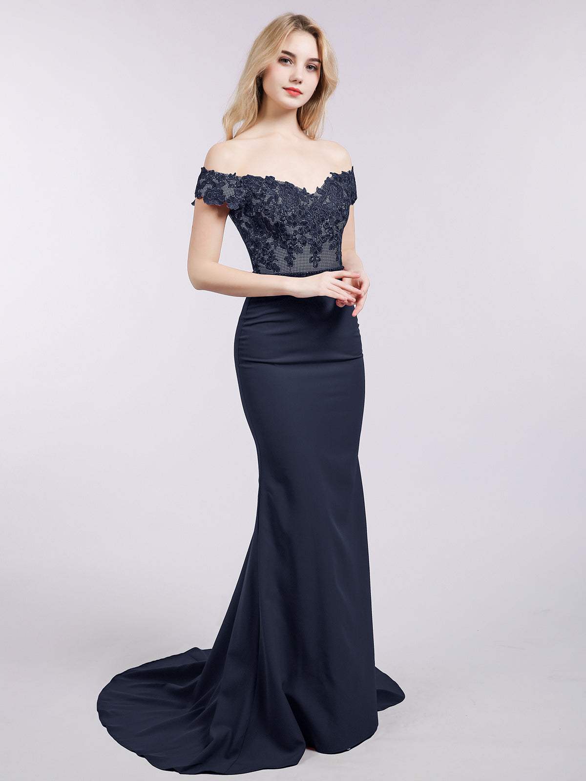 Off Shoulder Mermaid Gown with Train-Dark Navy – BABARONI