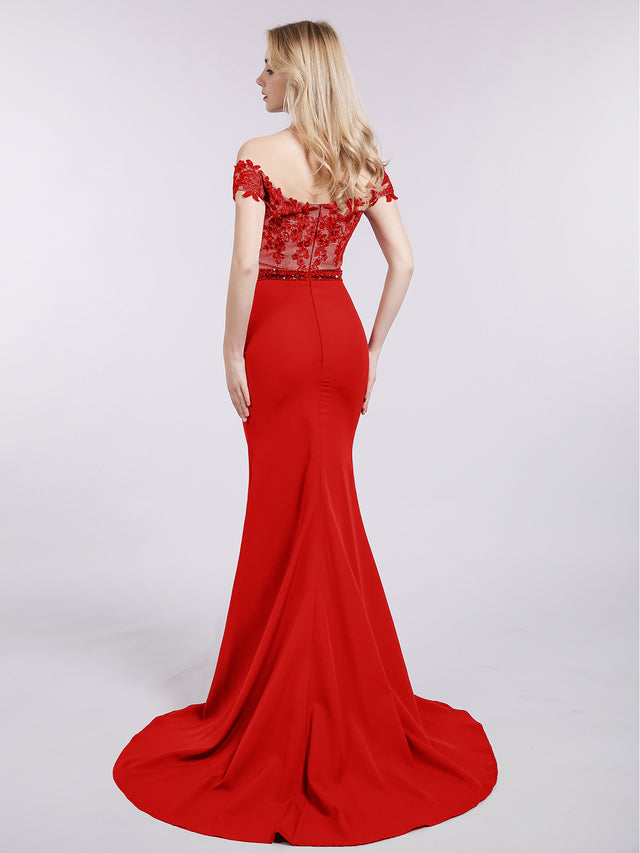 Off Shoulder Mermaid Gown with Train-Red – BABARONI