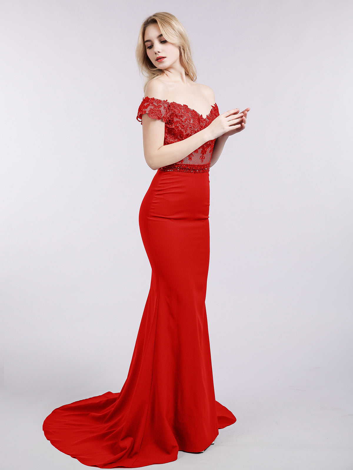 Off Shoulder Mermaid Gown with Train-Red – BABARONI