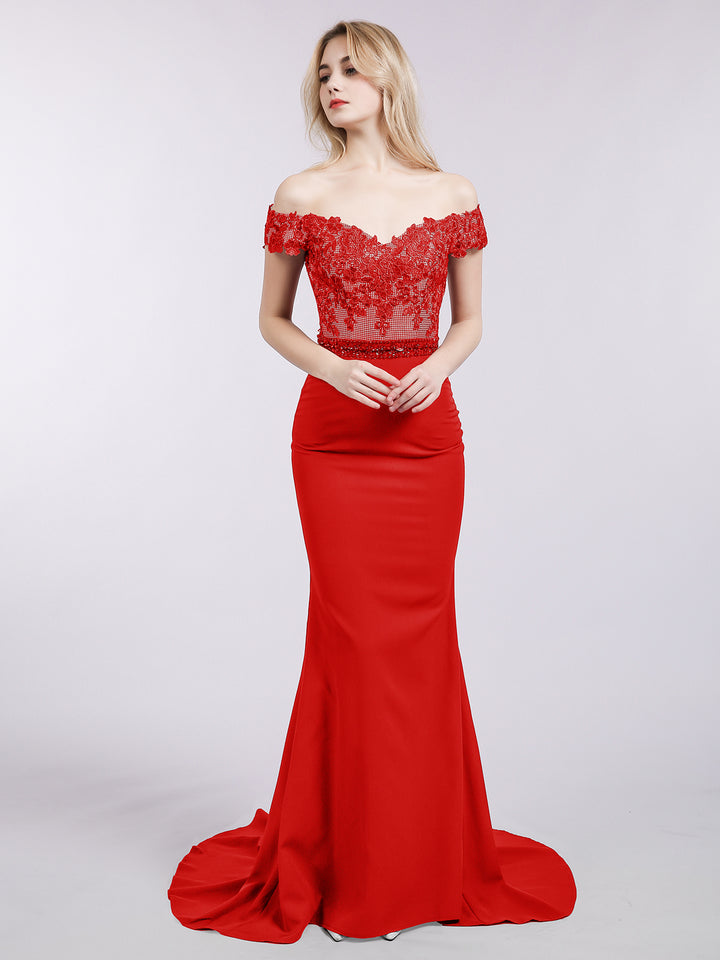 Off Shoulder Mermaid Gown with Train-Red – BABARONI