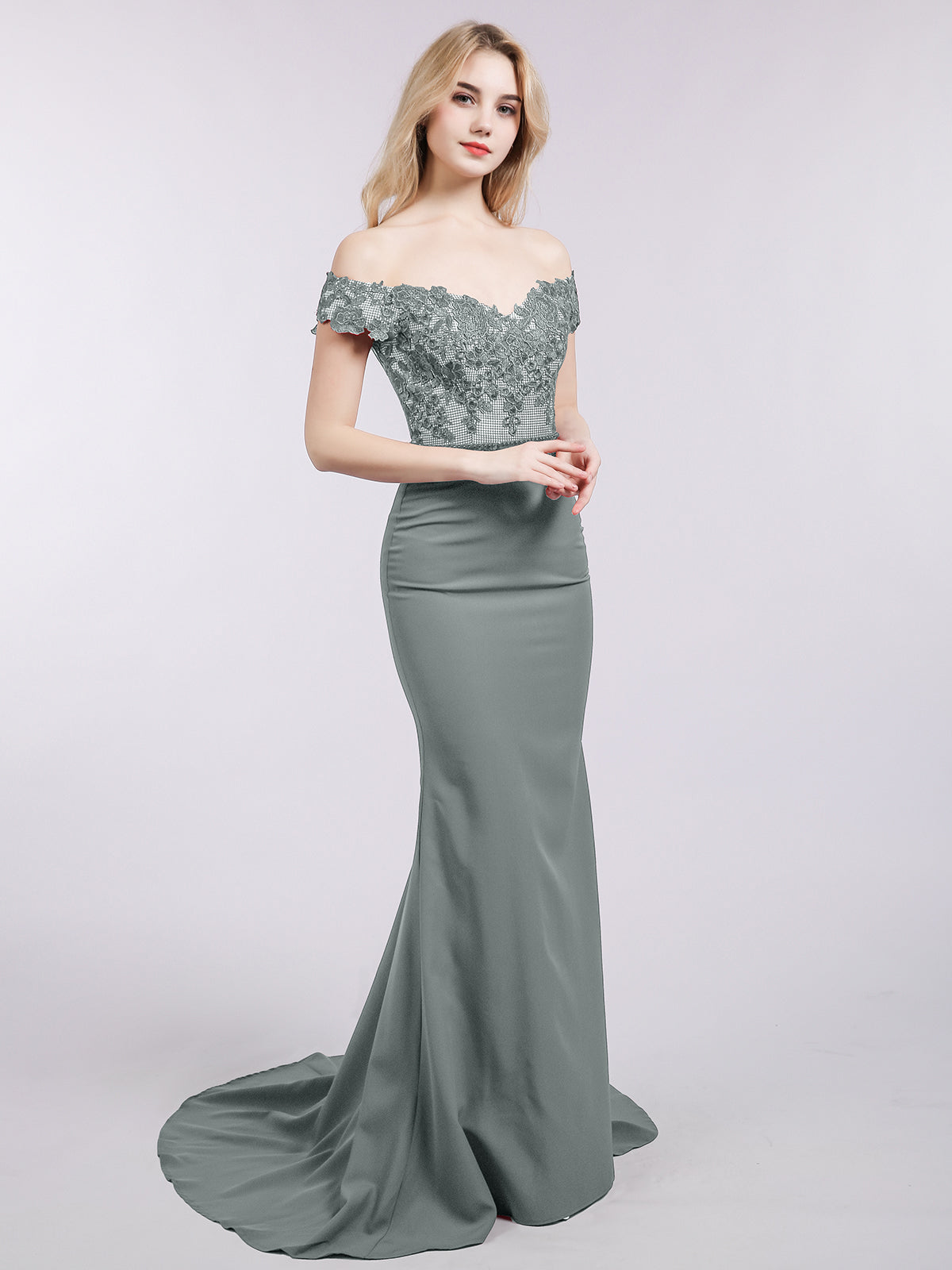 Off Shoulder Mermaid Gown with Train-Steel Grey – BABARONI
