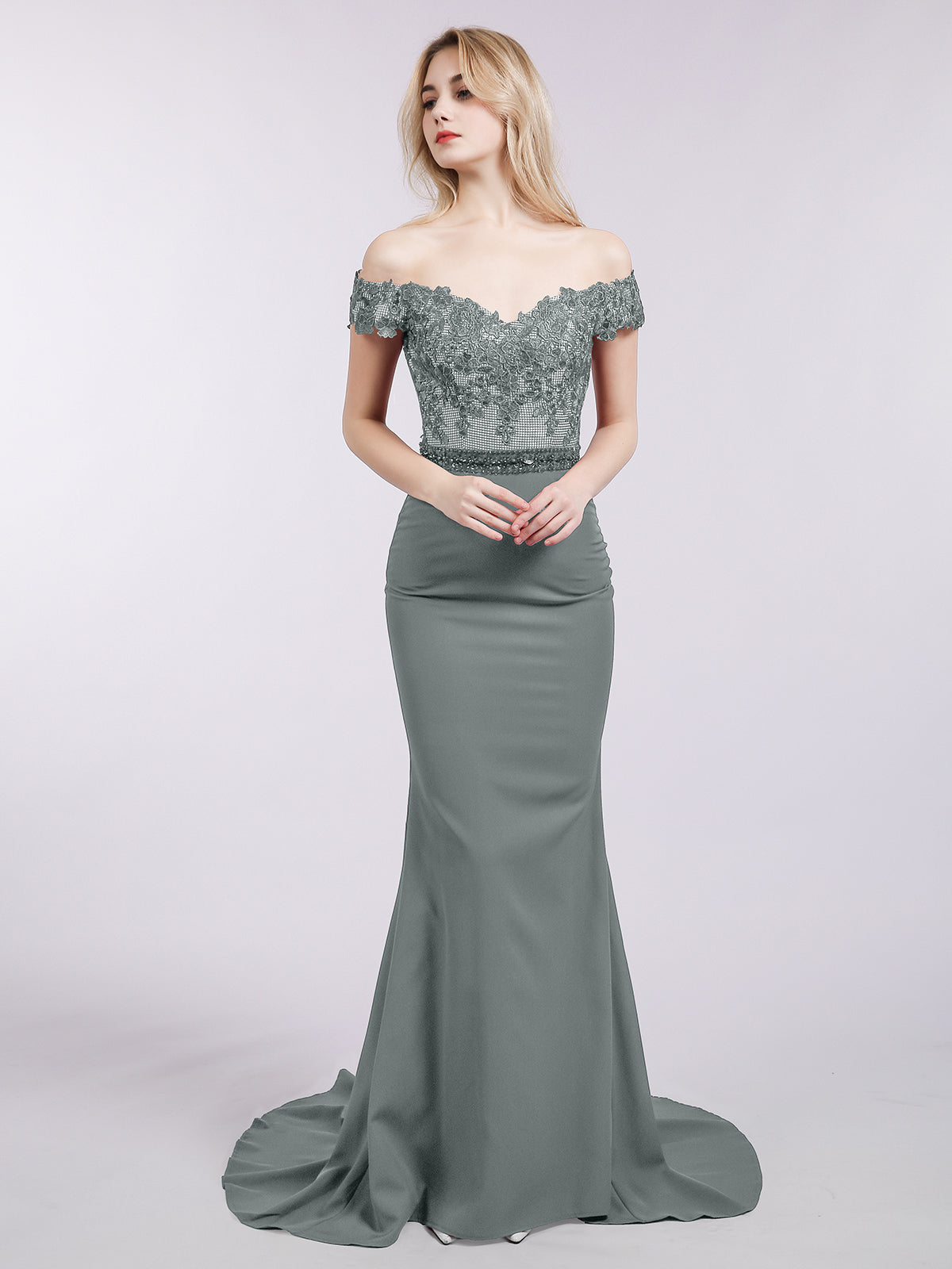Off Shoulder Mermaid Gown with Train-Steel Grey Plus Size – BABARONI