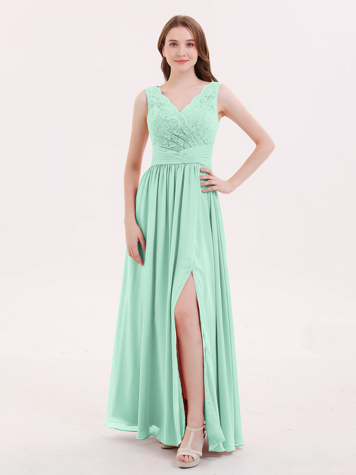 BABARONI Chiffon Mint Green Bridesmaid Dresses V-neck Floor-length ...