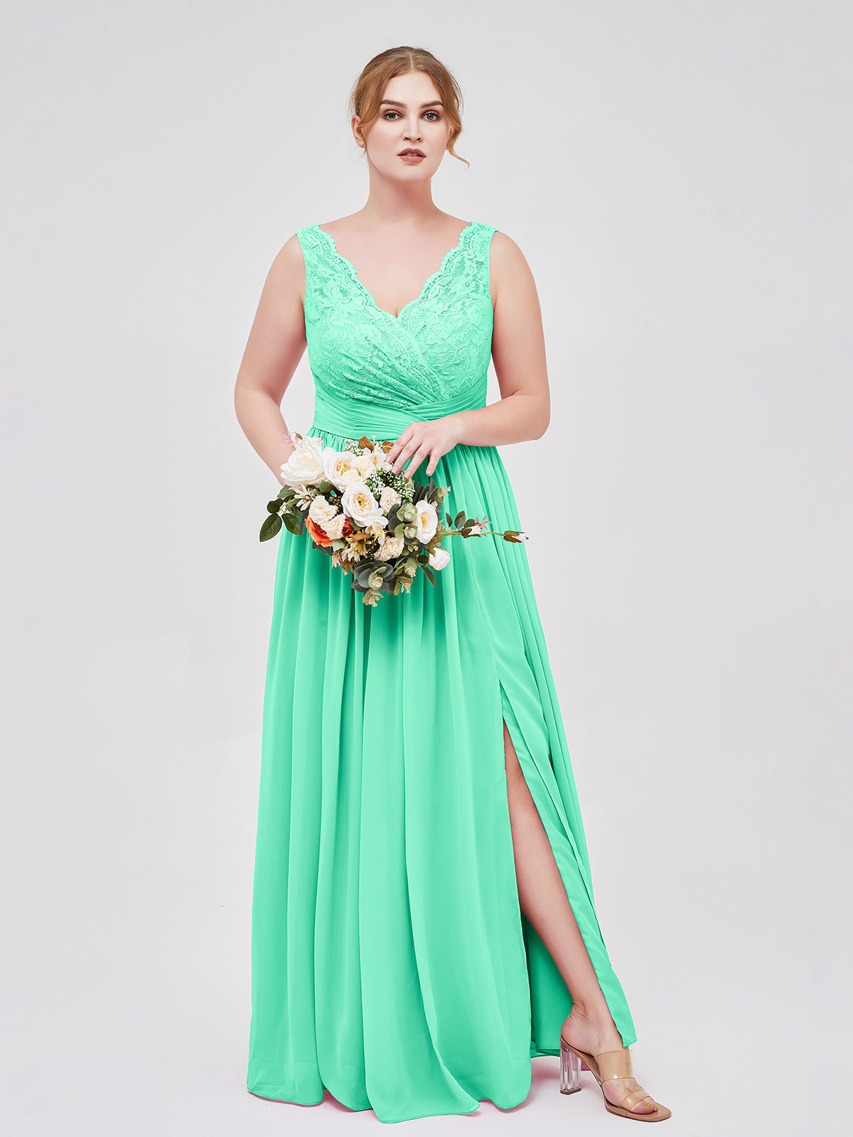 V Neck Chiffon And Lace Dress with Slit Turquoise Plus Size – BABARONI