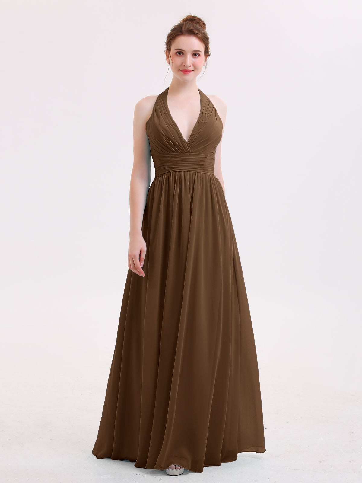 Halter V Neck Chiffon Bridesmaid Gown-Brown – BABARONI
