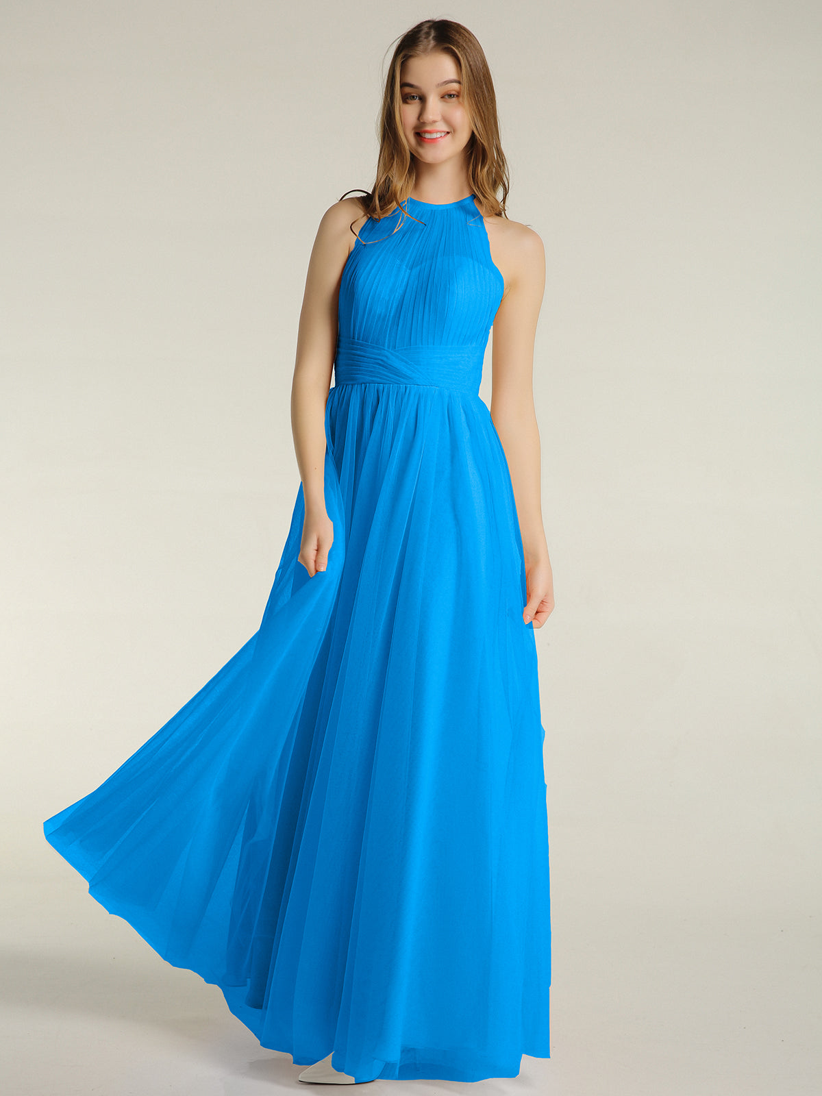 BABARONI Tulle Ocean Blue Bridesmaid Dresses Illusion Floor-length ...