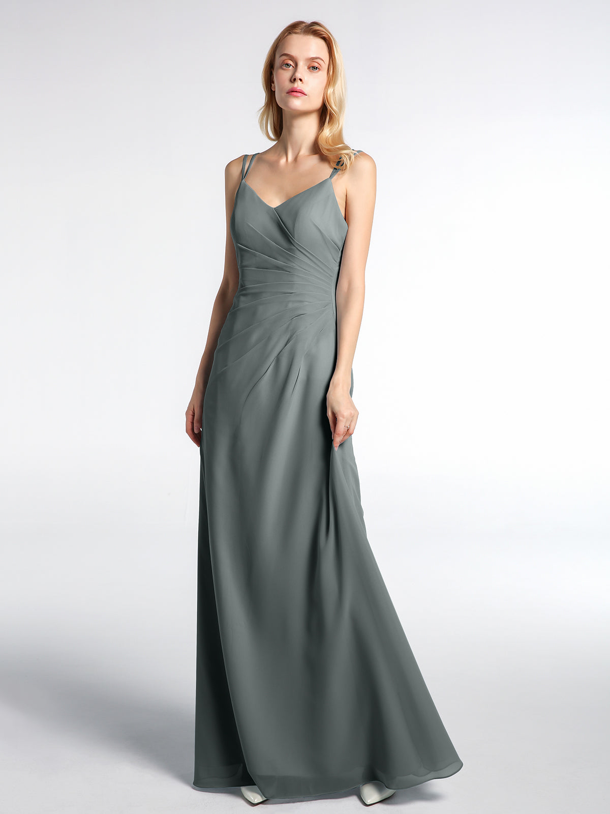 Double Straps Cross Back Chiffon Maxi Dress-Steel Grey – BABARONI