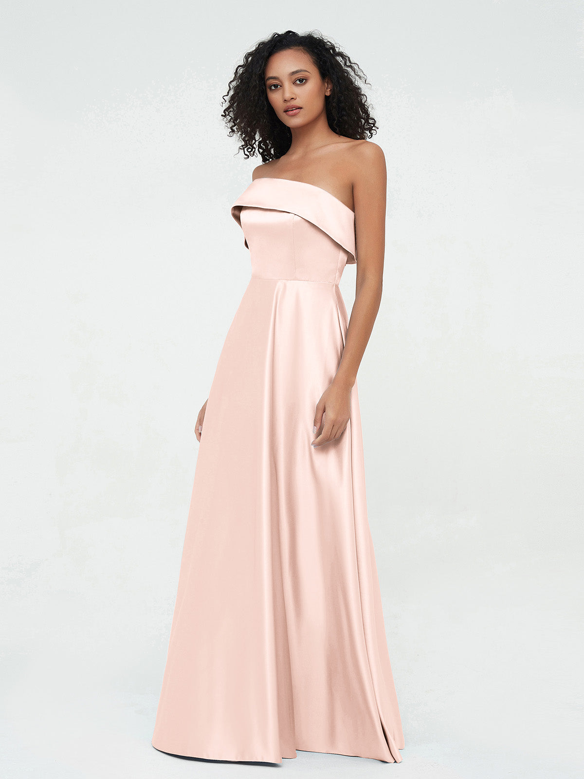 One Shoulder Satin Long Dresses with Pockets-Pearl Pink Primrose BABARONI