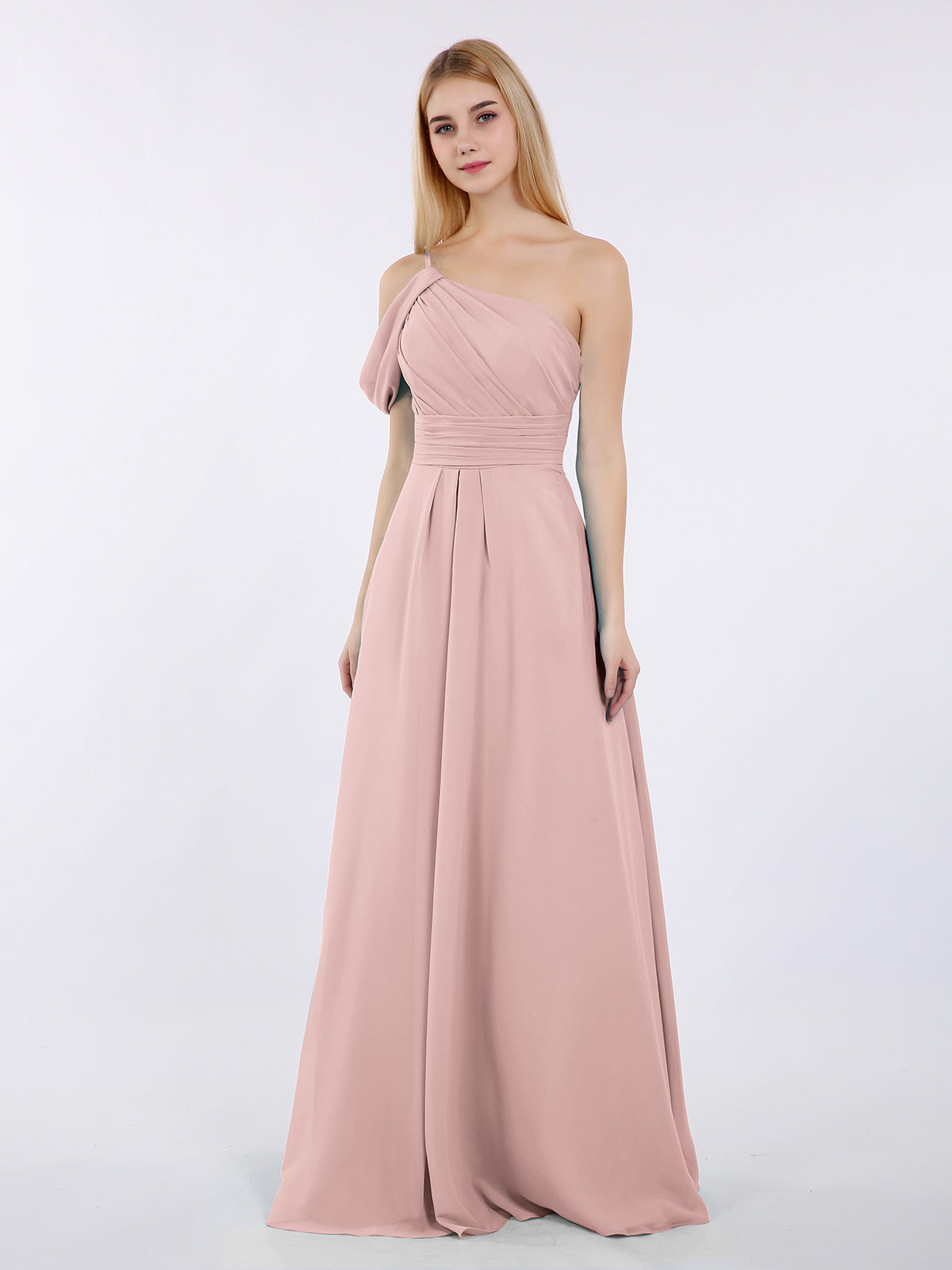 BABARONI Chiffon Dusty Rose Bridesmaid Dresses One Shoulder Floor ...