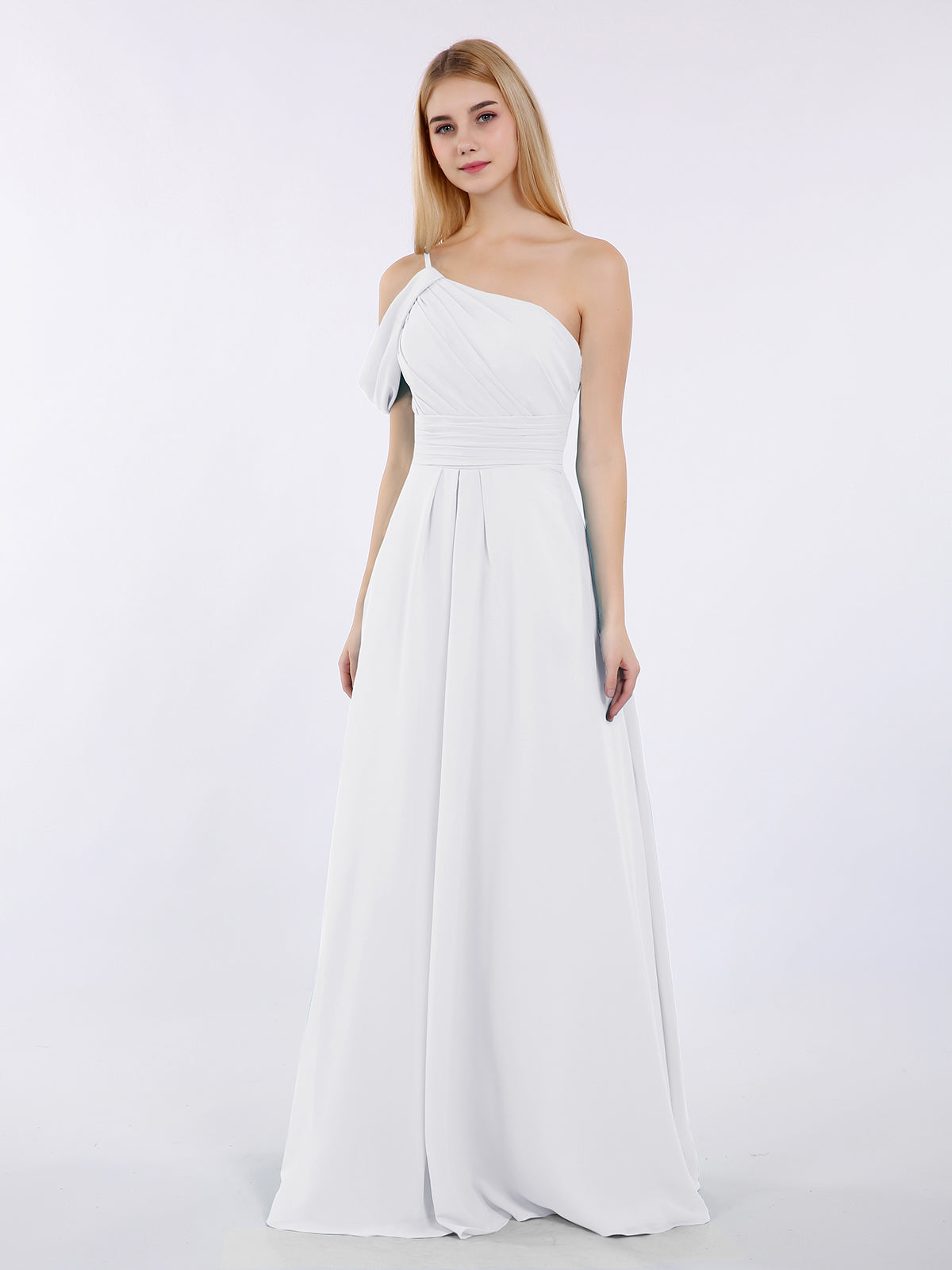 One Shoulder Chiffon Long Bridesmaid Gowns-White Plus Size – BABARONI
