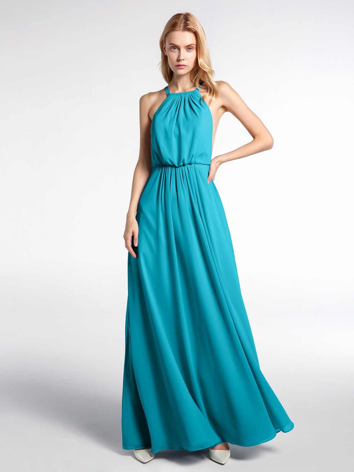 BABARONI Chiffon Jade Bridesmaid Dresses Halter Floor-length Backless ...