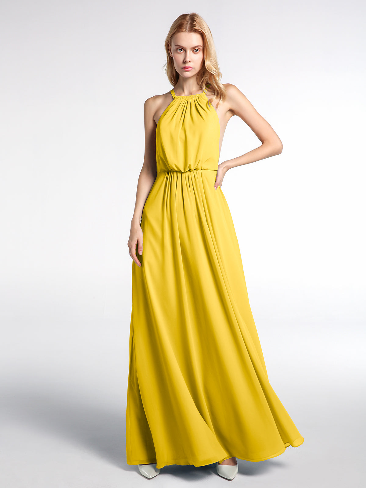 Halter Neck Low Back Chiffon Maxi Sexy Dress-Marigold – BABARONI