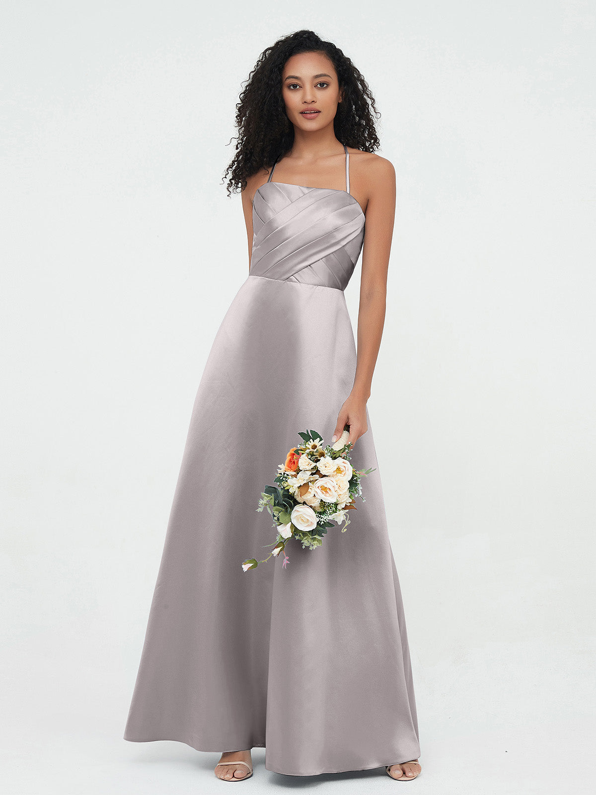 Spaghetti Straps Pleated Bodice Satin Gowns-Silver Riva BABARONI