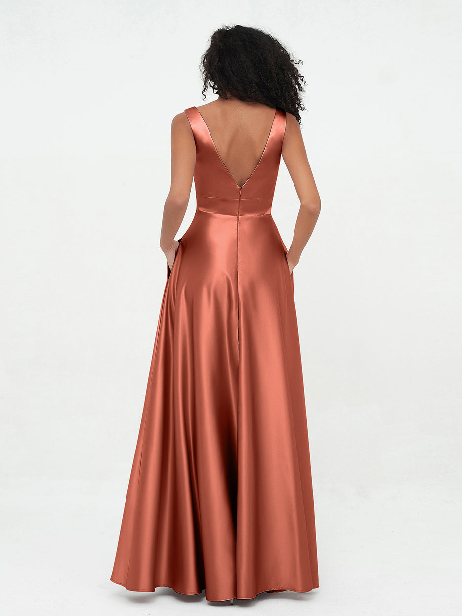 BABARONI Satin Rust Bridesmaid Dresses V-neck Floor-length Sleeveless ...