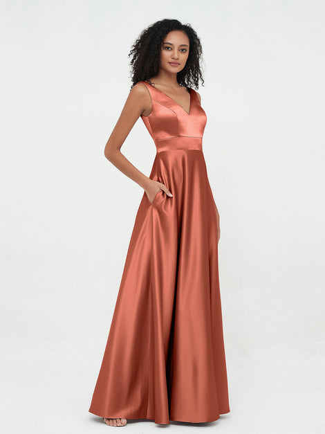BABARONI Satin Rust Bridesmaid Dresses V-neck Floor-length Sleeveless ...