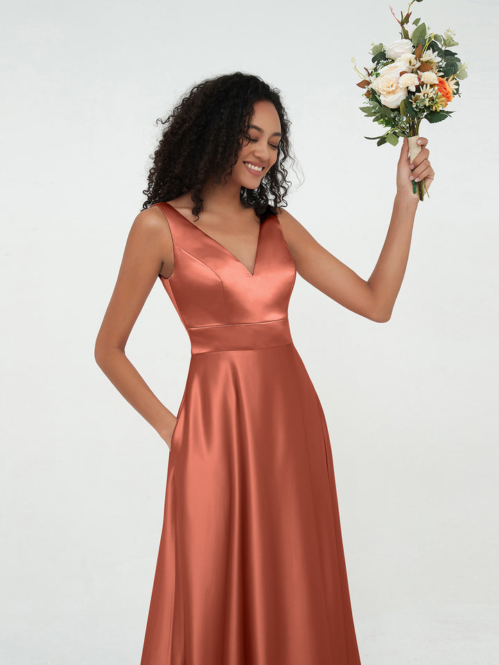 BABARONI Satin Rust Bridesmaid Dresses V-neck Floor-length Sleeveless ...
