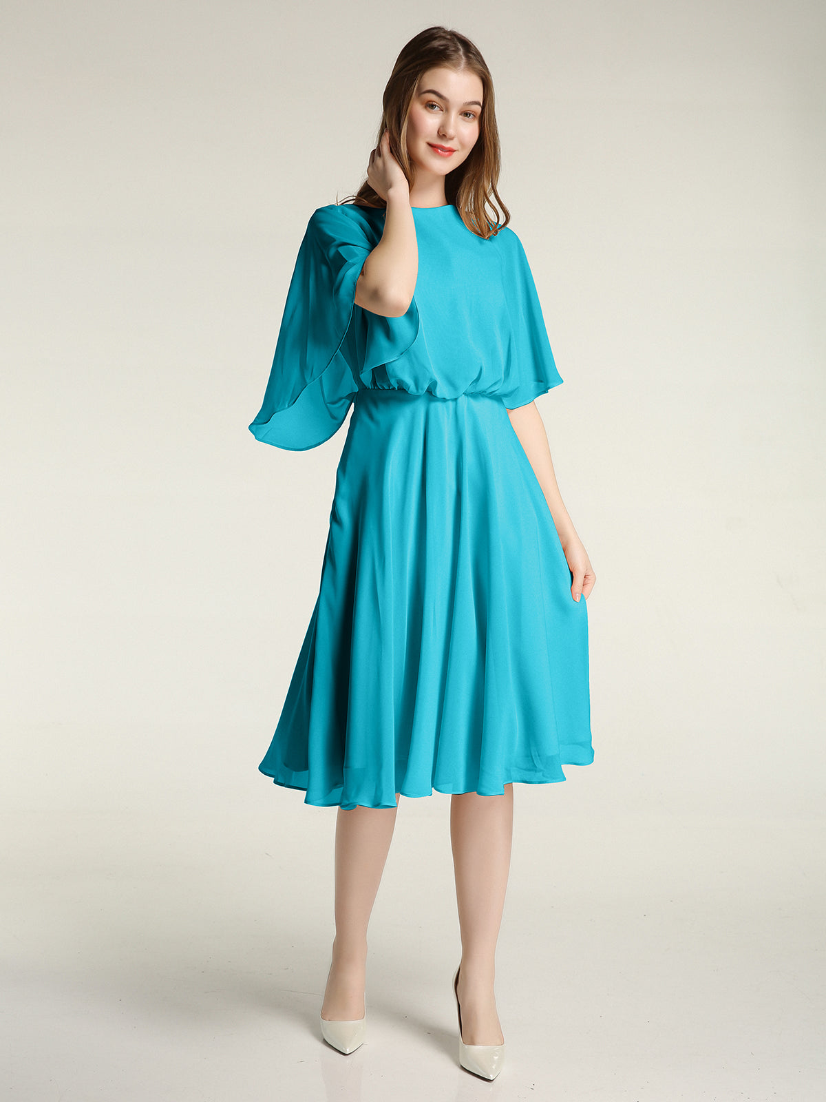 BABARONI Chiffon Jade Bridesmaid Dresses Jewel Knee-length Half Sleeve ...