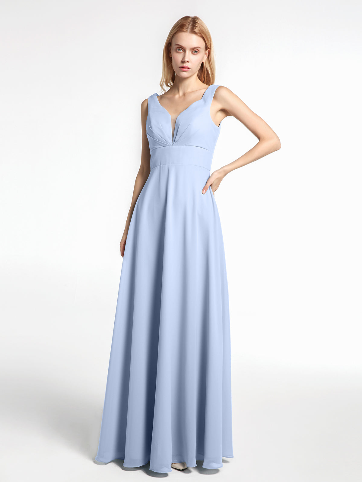 BABARONI Chiffon Sky Blue Bridesmaid Dresses V-neck Floor-length ...