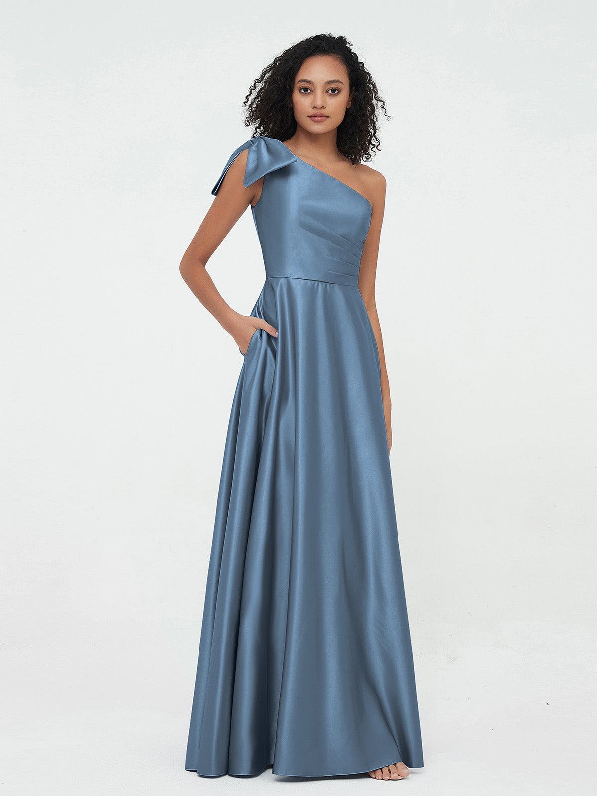 BABARONI Satin Slate Blue Bridesmaid Dresses One Shoulder Floor-length ...