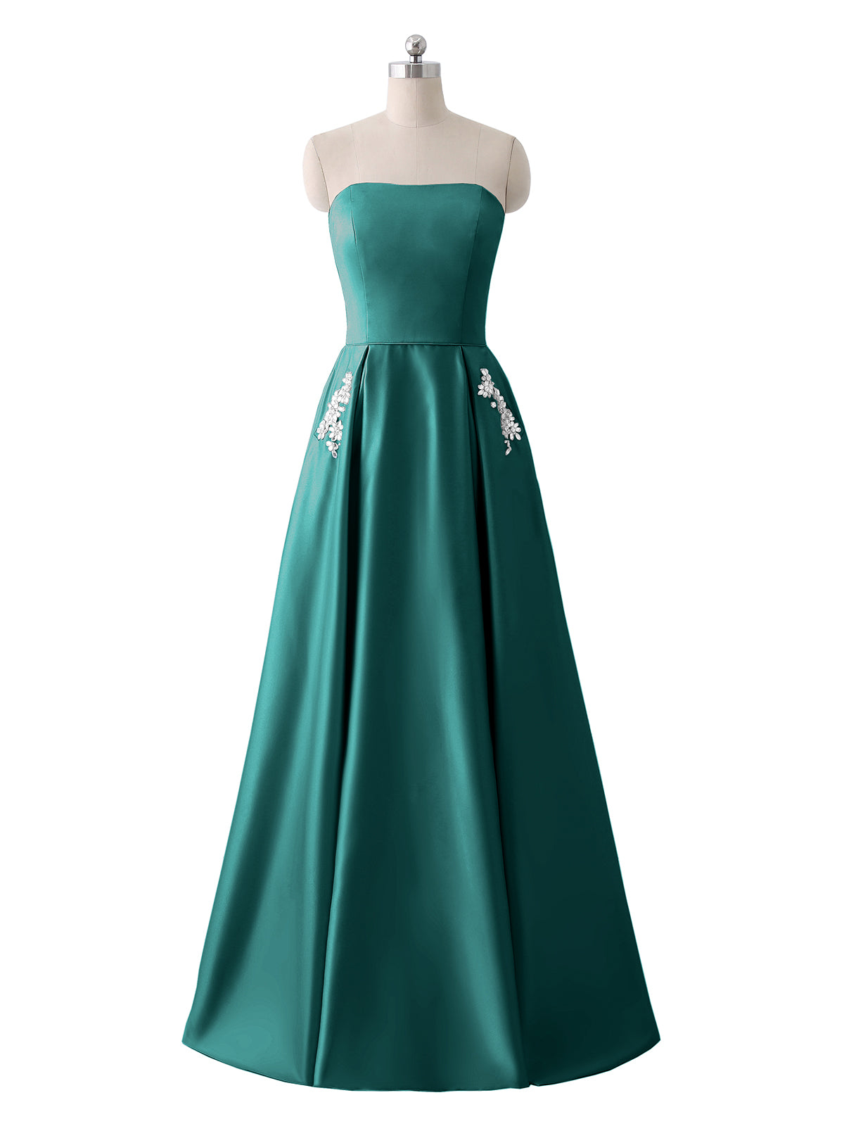 Strapless Satin Dress with Beaded Pocket-Peacock – BABARONI