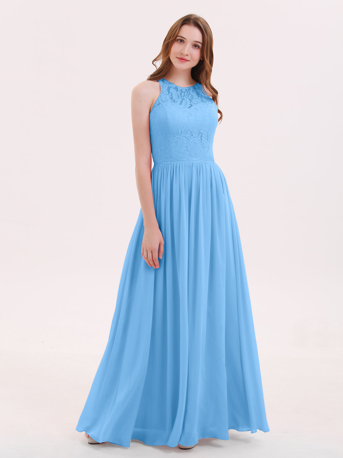 BABARONI Chiffon Blue Bridesmaid Dresses Illusion Floor-length ...
