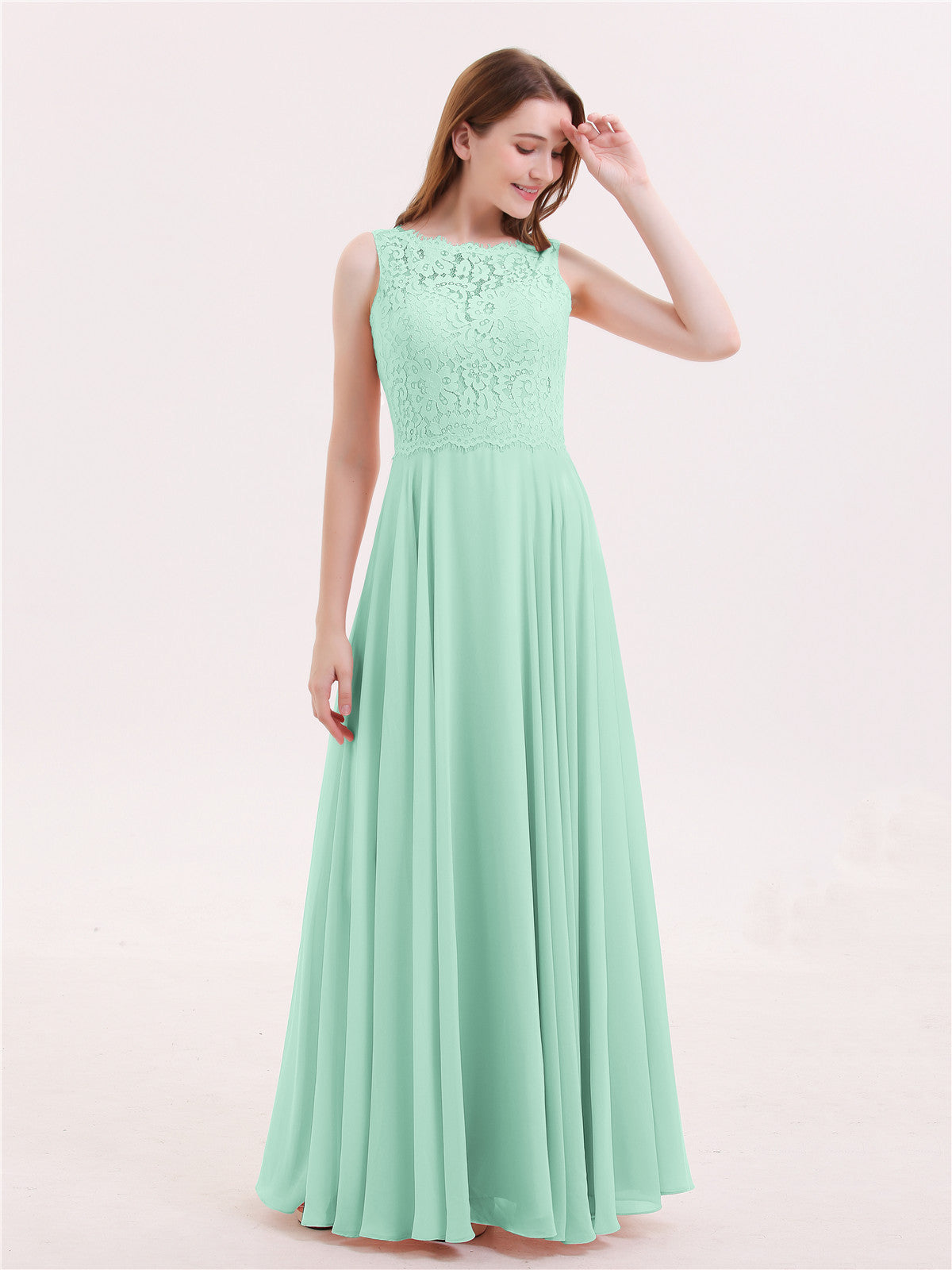 Lace Bodice Chiffon Skirt Long Dress-Mint Green – BABARONI