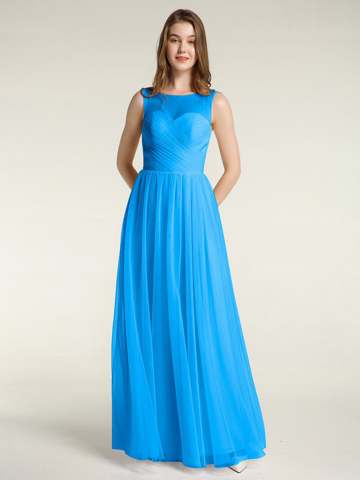 BABARONI Tulle Ocean Blue Bridesmaid Dresses Illusion Floor-length ...