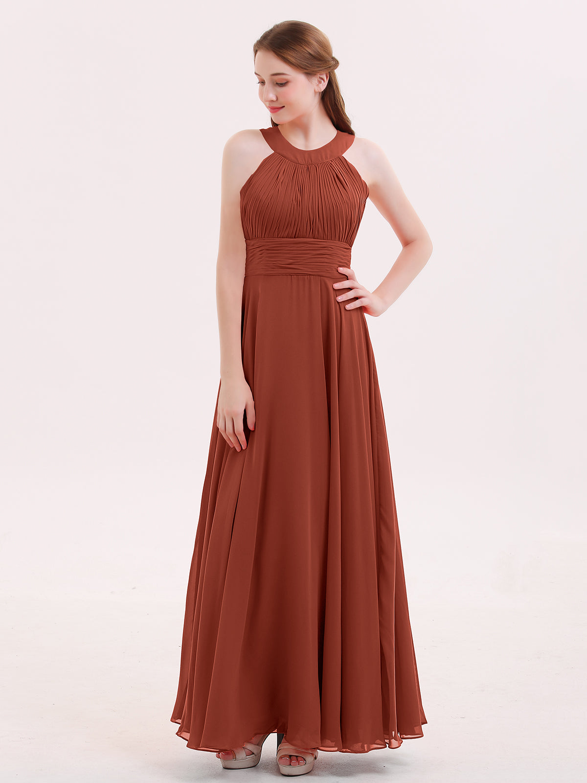 Halter Neck Open Back Chiffon Bridesmaid Dress-Rust Plus Size – BABARONI