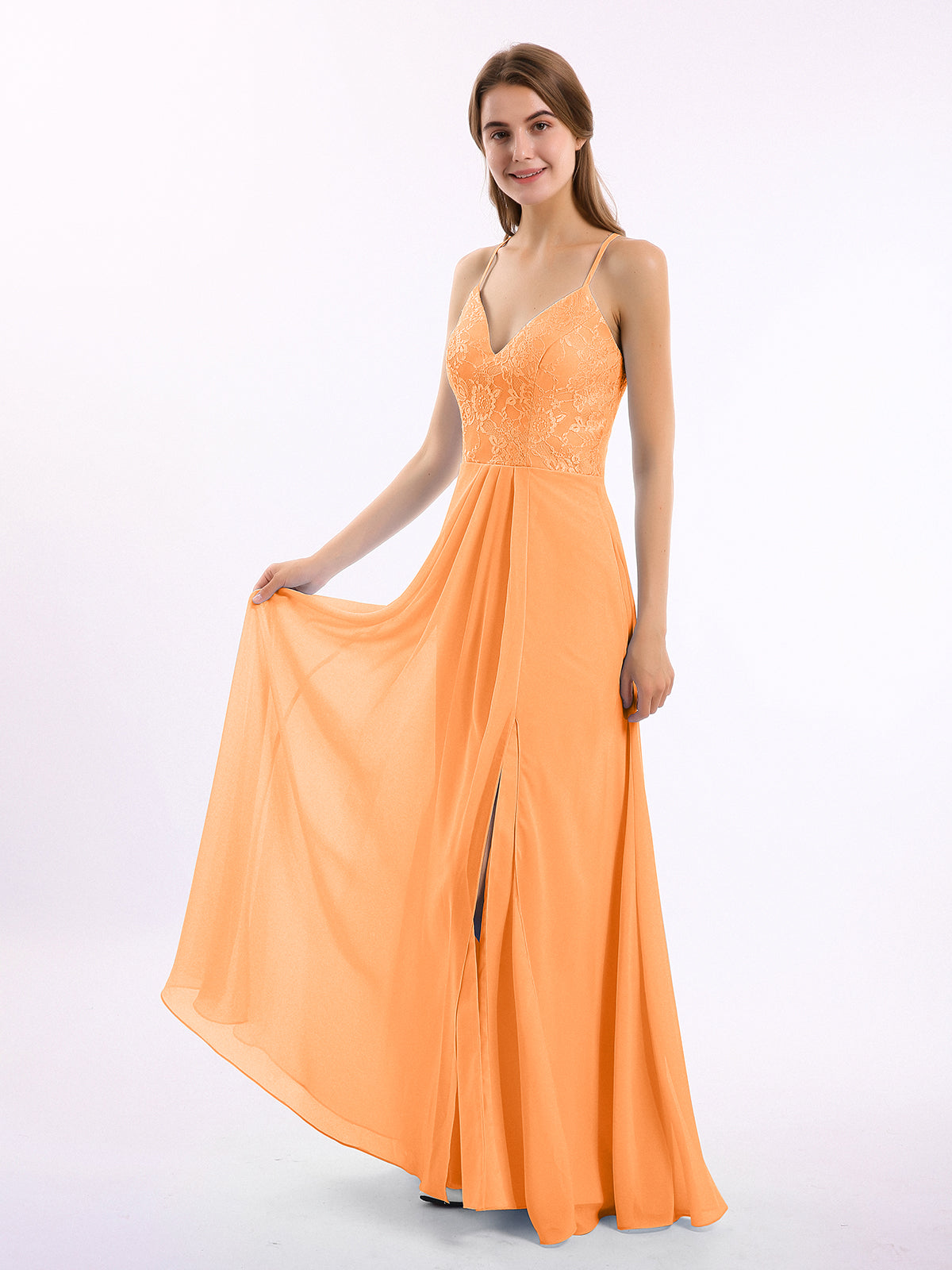 BABARONI Chiffon Orange Bridesmaid Dresses V-neck Floor-length ...