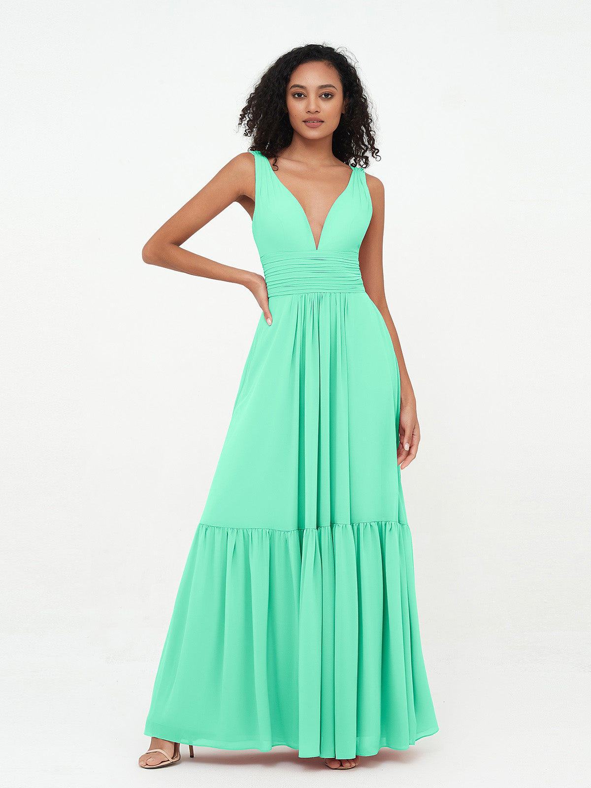Deep-V Neck Chiffon Tiered Skirt Boho Dresses-Turquoise Plus Size ...