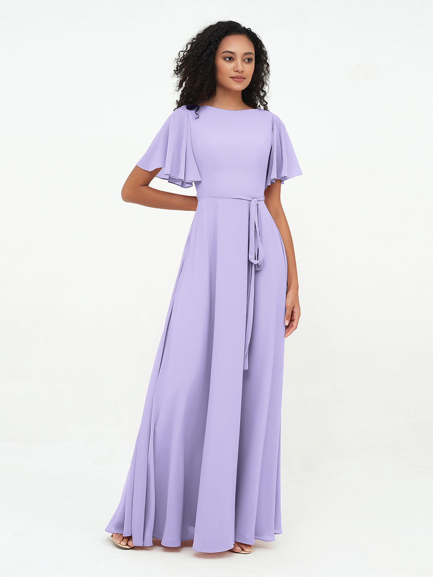 BABARONI Chiffon Lilac Bridesmaid Dresses Bateau Floor-length Flutter ...