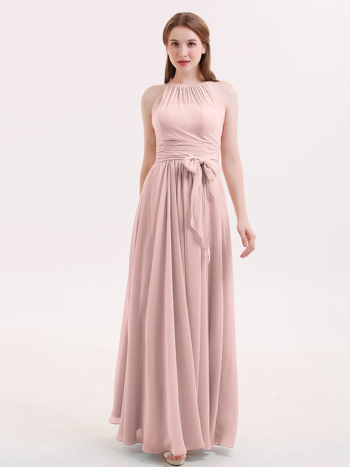 BABARONI Chiffon Dusty Rose Bridesmaid Dresses Halter Floor-length ...