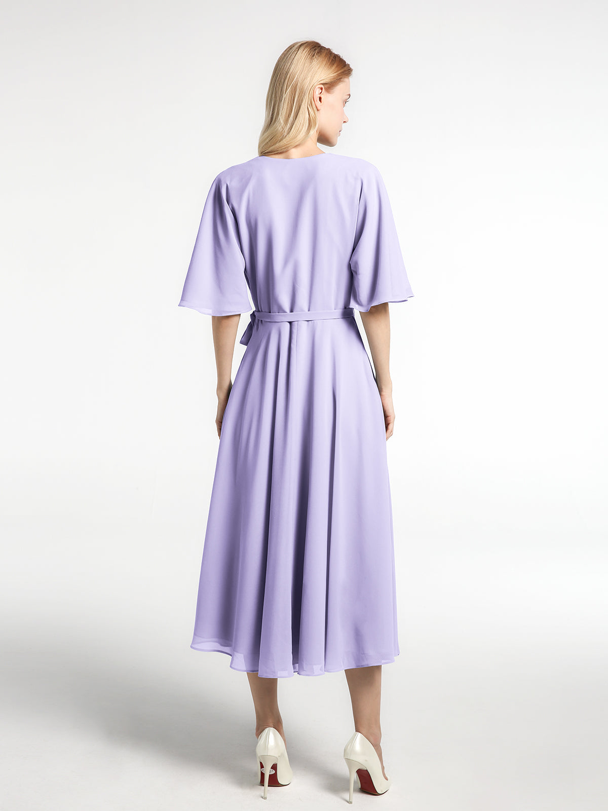 V-neck Half Sleeves Tea Length Chiffon Dress-Lilac Zona BABARONI