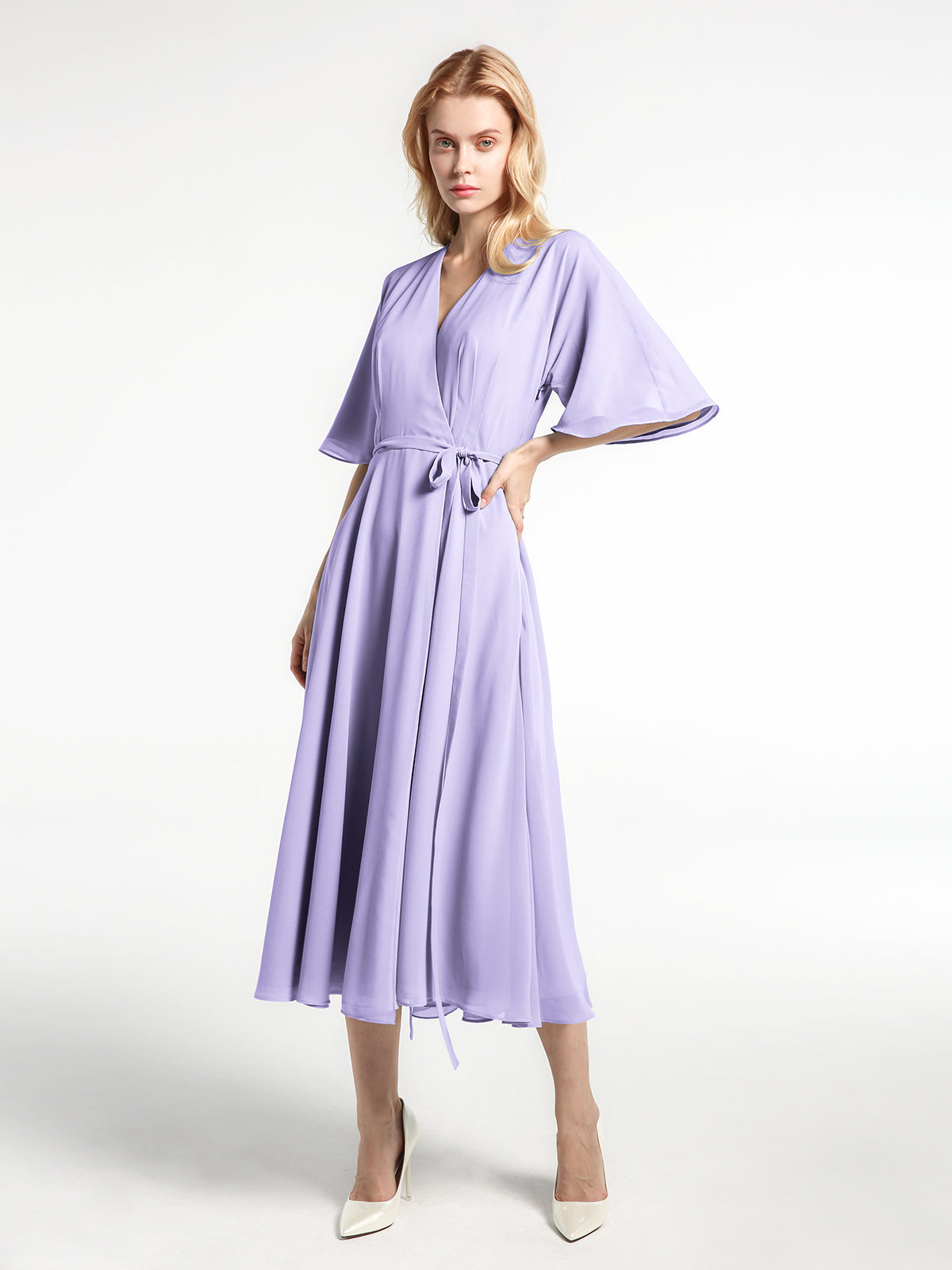 V-neck Half Sleeves Tea Length Chiffon Dress-Lilac Zona BABARONI