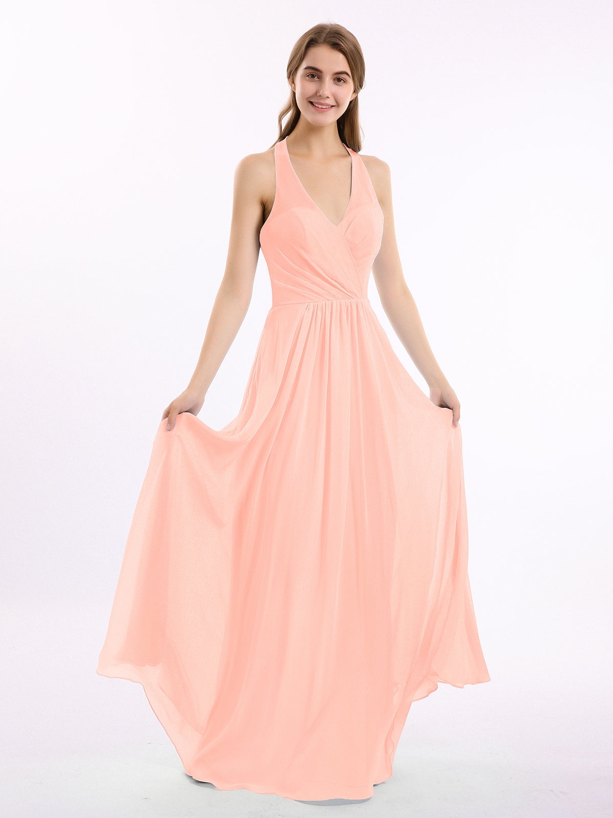 V Neckline Chiffon Dress with Bow Straps Coral – BABARONI