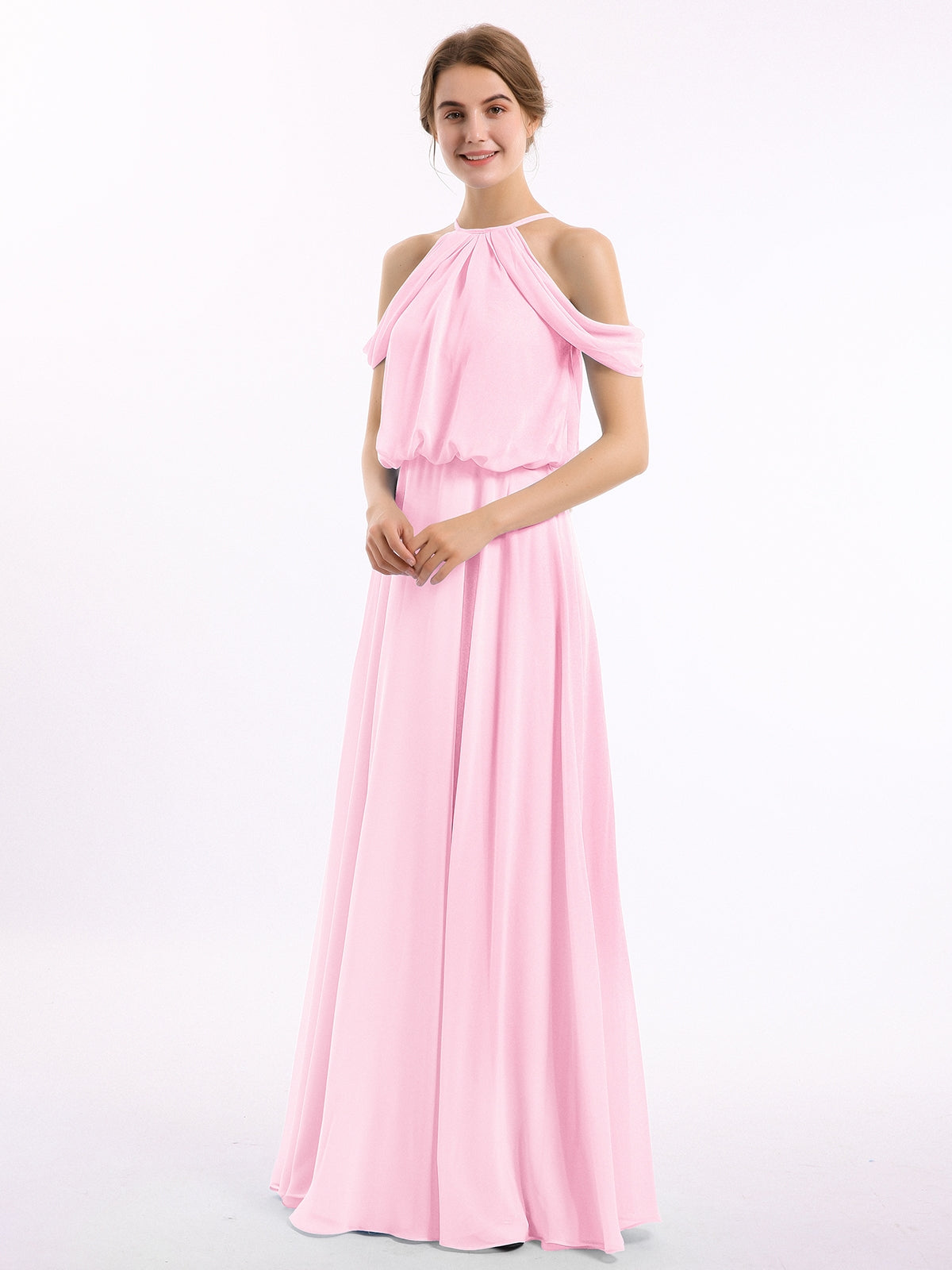 BABARONI Chiffon Candy Pink Bridesmaid Dresses Off-the-shoulder Floor ...