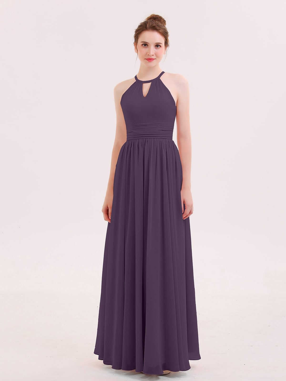 Halter Long Chiffon Dress of Bridesmaids Plum – BABARONI