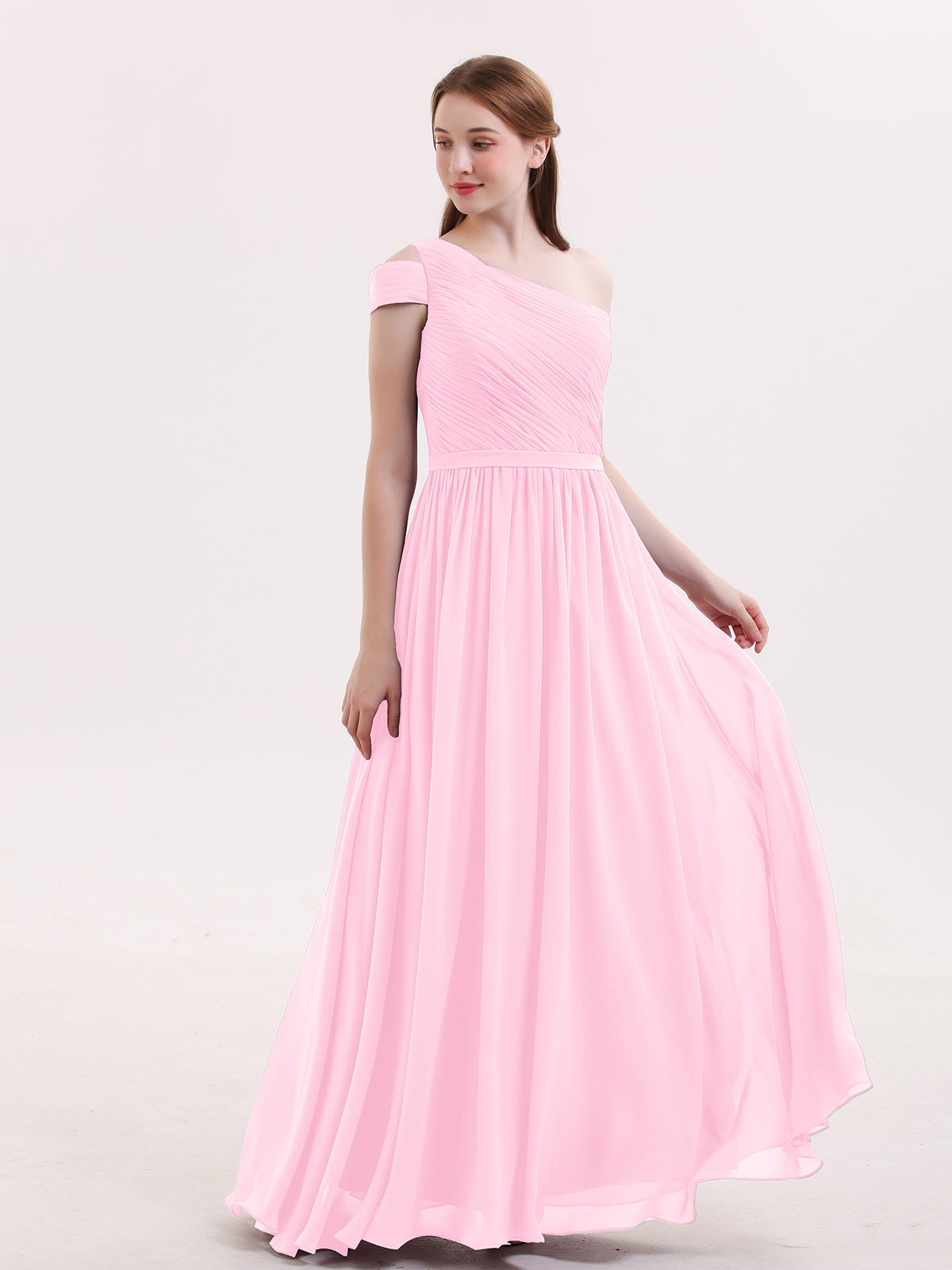 BABARONI Chiffon Candy Pink Bridesmaid Dresses One Shoulder Floor ...