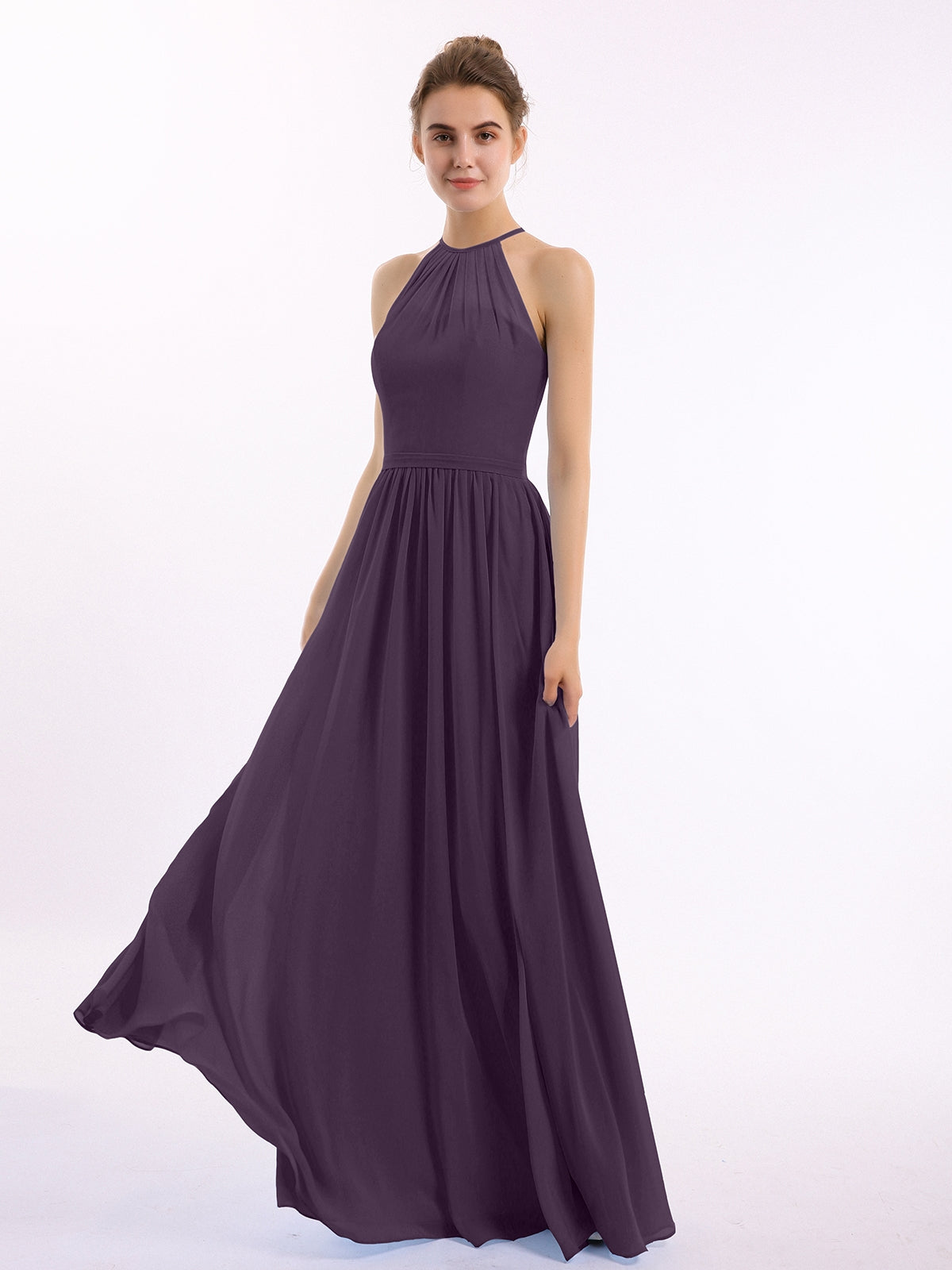 Halter Long Chiffon Gowns with Double Straps-Plum – BABARONI