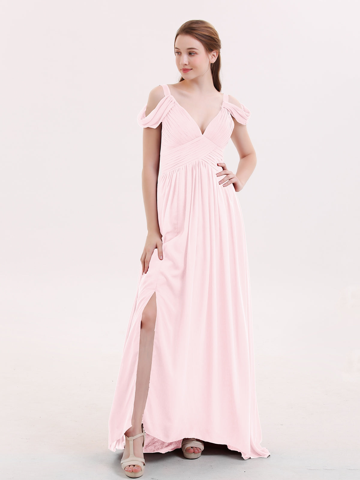 Deep V Neck Sexy Chiffon Dress with Slit-Blushing Pink – BABARONI