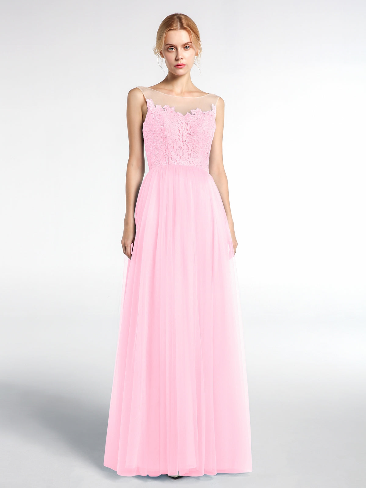 BABARONI Lace Candy Pink Bridesmaid Dresses Illusion Floor-length Lace ...