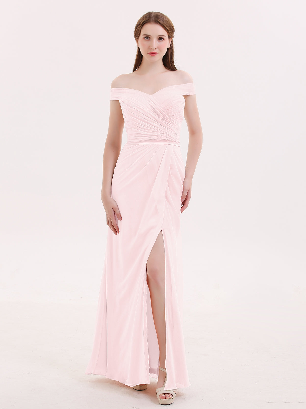 Chiffon Off Shoulder Dresses with Slit-Blushing Pink – BABARONI